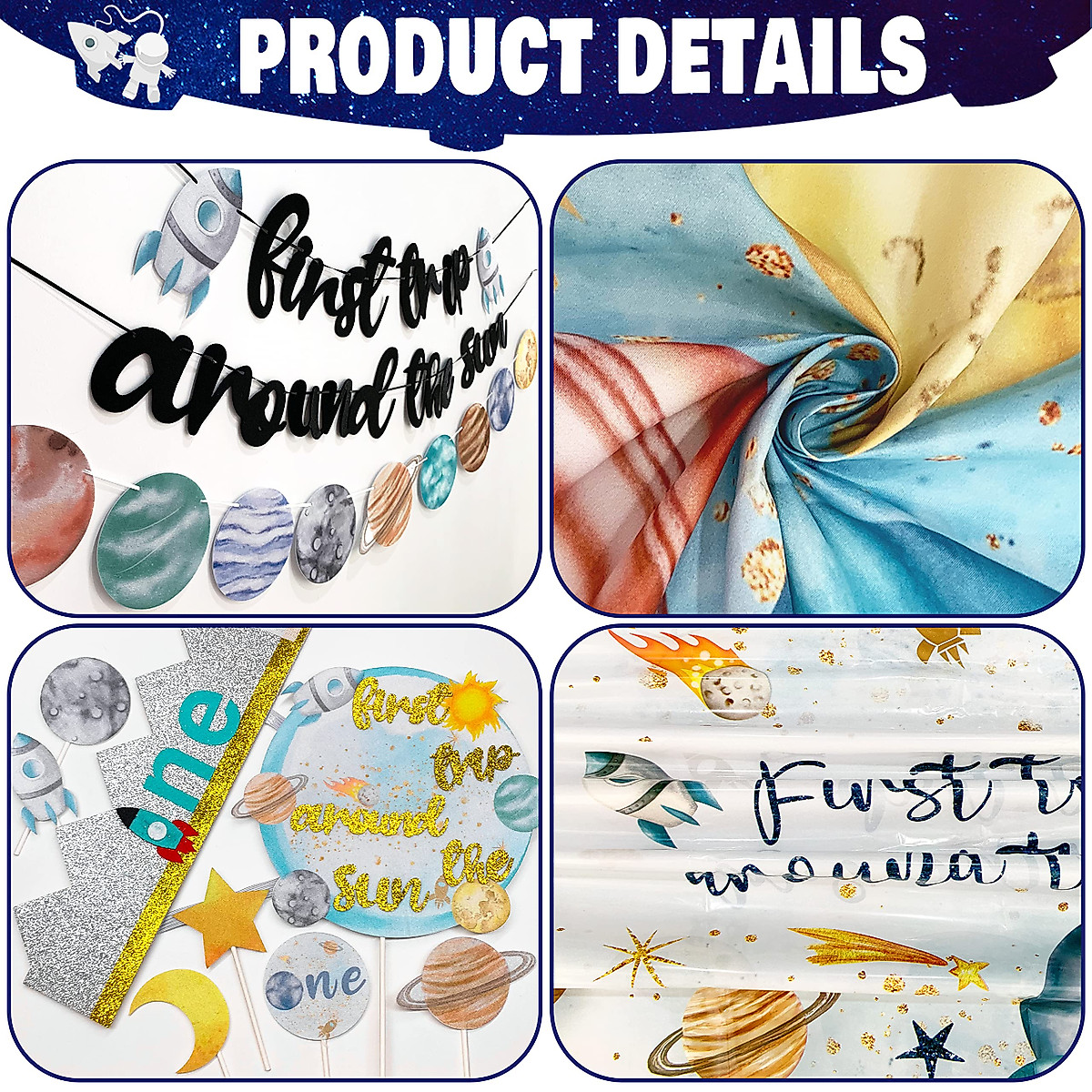 First Trip Around The Sun Birthday Party Decoration Pack, 1st Baby Shower Space Birthday Party Supplies Including Banner, Backdrop, Garland, Tablecloth, Felt Hat, Honeycomb, Cake Toppers, Latex and