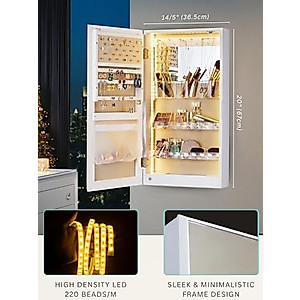 LUXFURNI LED Jewelry Organizer with Mirror, Small Jewelry Cabinet Wall-Mount/Door-Hanging Armoire,Lightweight Jewelry Storage for Bedroom