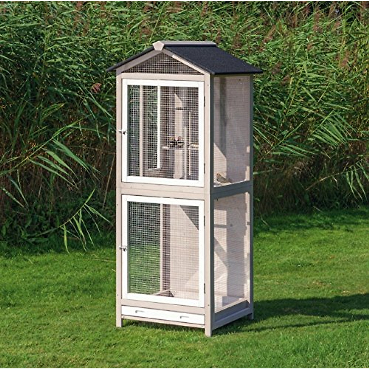 TRIXIE Outdoor Bird Aviary, 67-in Wooden Birdcage, 2 Perches, Ideal for Small Birds, Finches, Gray, (55952)