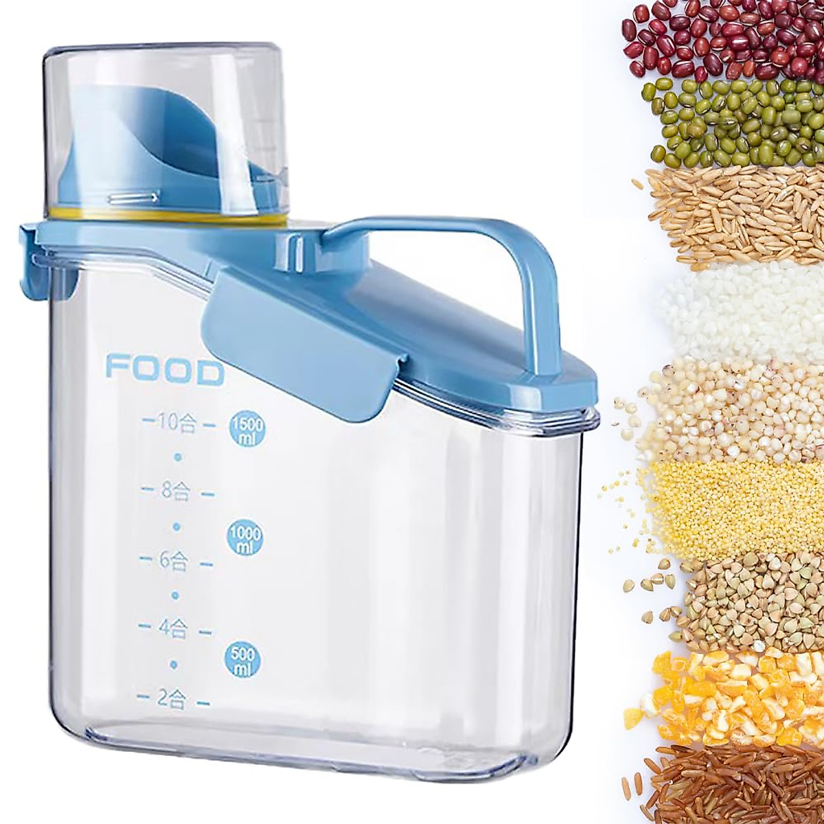 Livaprul Rice container storage tank, kitchen storage container, sealed food storage, sealed design measuring cup. With pouring port, suitable for oatmeal, grains, rice, flour (blue, 1600ML)