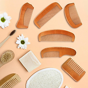 6 Pieces Handmade Wooden Comb Wood Hair Comb Wooden Beard Comb Natural Green Sandalwood Wide and Fine Teeth Comb Set with Anti Static and No Snag Handmade Brush for Kids, Women and Men (Cute Style)