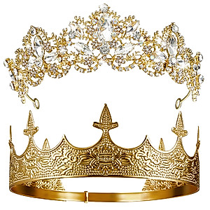 Sureio 2 Pcs Antique Royal King Crown for Men Baroque Queen Crown for Halloween Crystal Tiara Prom Party Headband Accessories(Elegant Style)