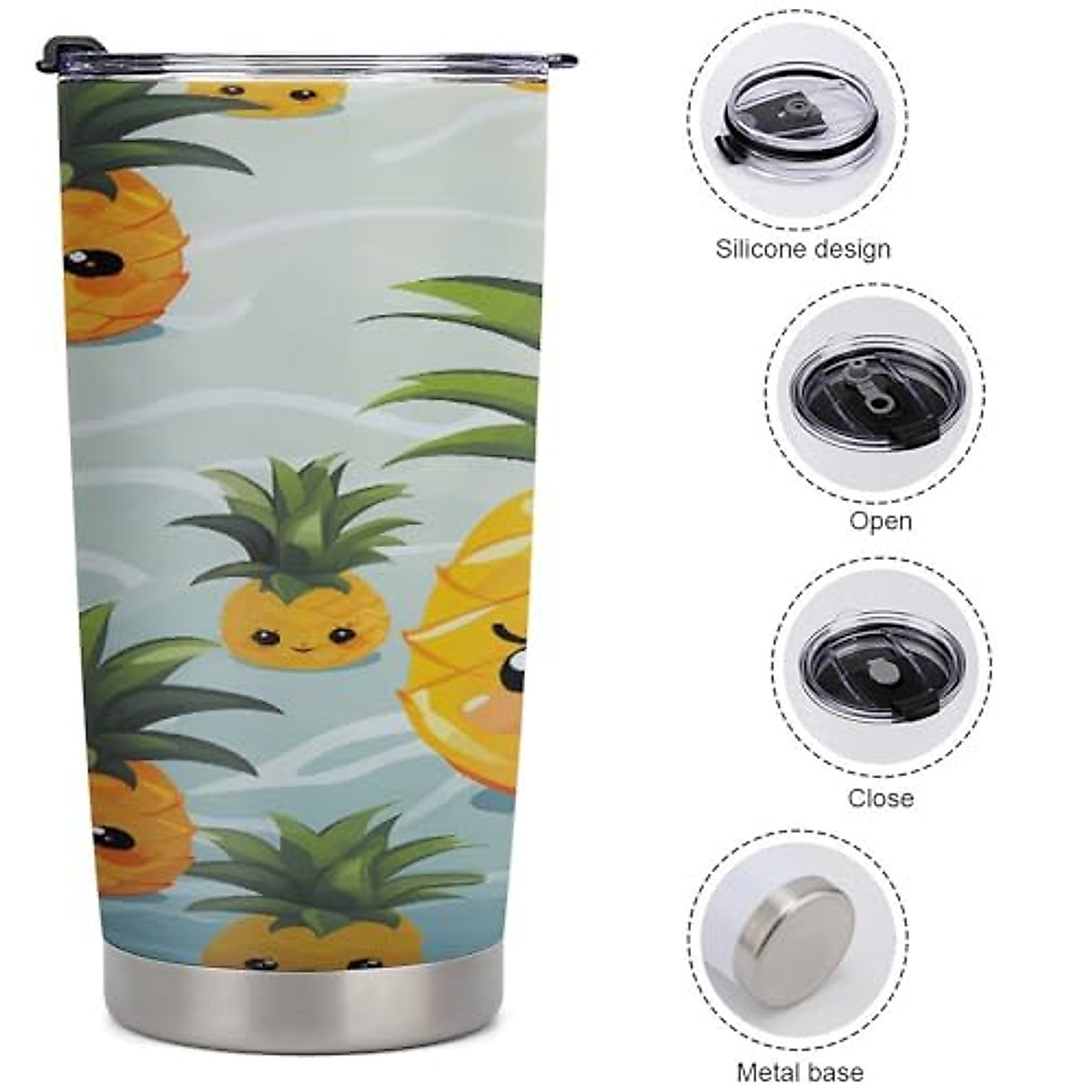FHENMSA Reusable Plastic Water Cups with Lids,Cute Pineapple Print Anti-overflow Cup,sports Travel Coffee Cup