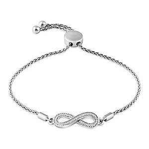 Jewelili Infinity Bolo Bracelet with Natural White Round Diamonds 1/10 Cttw in Sterling Silver 9.5" Wheat Chain