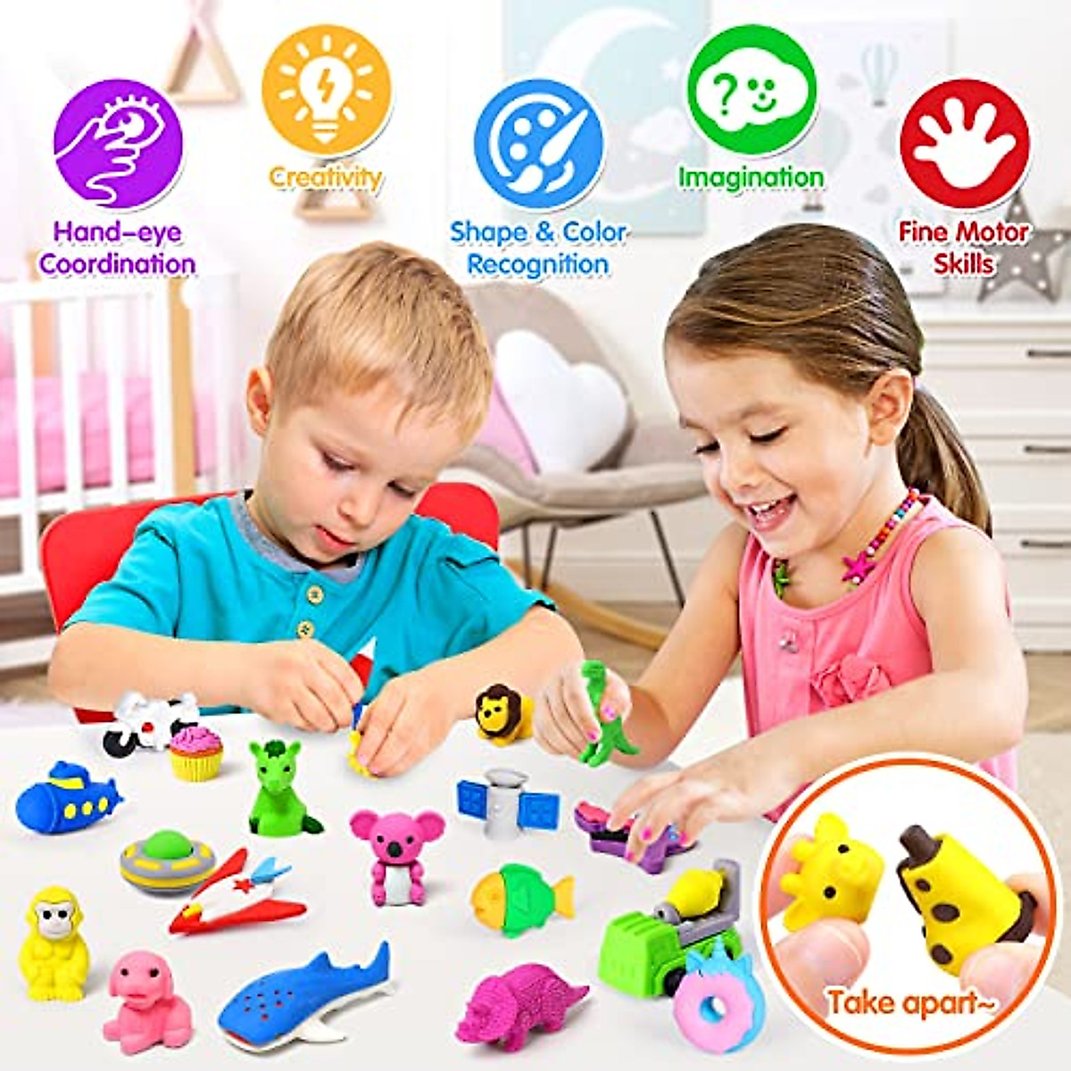 Arscniek 40 Pack Pencil Erasers for Kids Bulk Toys, Puzzle Animal Erasers 3D Mini Erasers Take Apart Food Erasers, Party Favors Desk Pets Classroom Prizes Treasure Box Stocking Stuffers for Kid Gifts