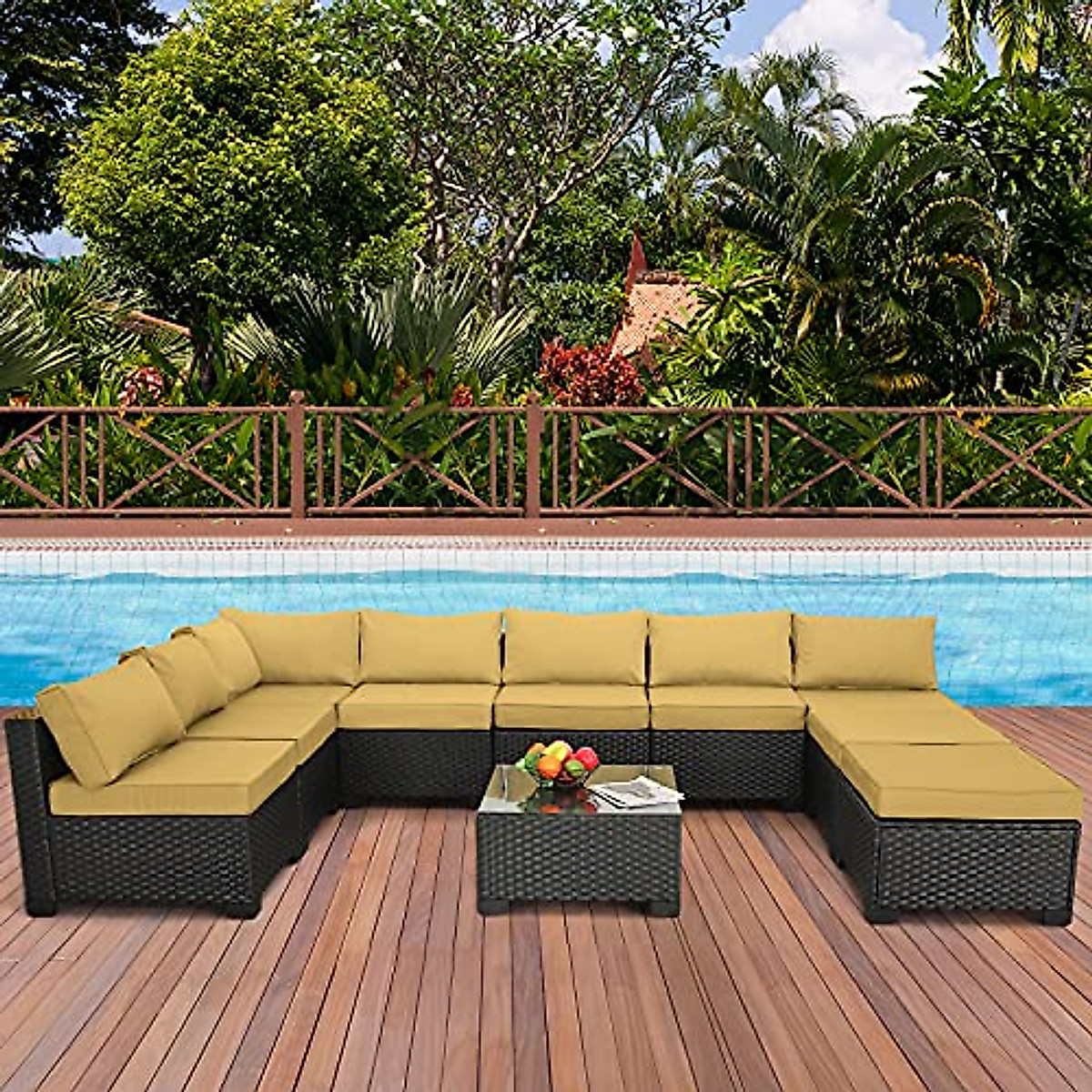 Patio Sectional Furniture Set 10-Piece Outdoor Wicker Conversation Sofa Couch with Olive Green Non-Slip Cushions Furniture Cover Black PE Rattan