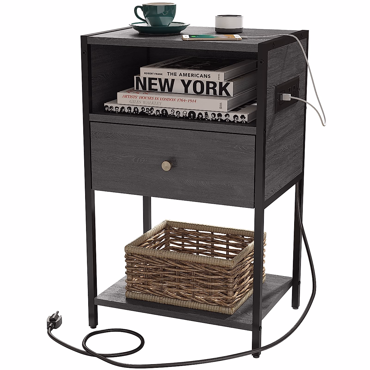 LDTTCUK Nightstand with Charging Station, Modern End Table with Drawer, Bedside Table with Open Storage for Bedroom, Grey