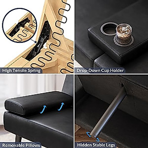 BELLEZE Futon Sofa Bed, Comfy Couch Convertible Sofa Bed with 2 USB Ports, Removable Armrests and Adjustable Backrest, Modern Loveseat Sofa for Living Room, Small Space - Madison (Black Faux Leather)