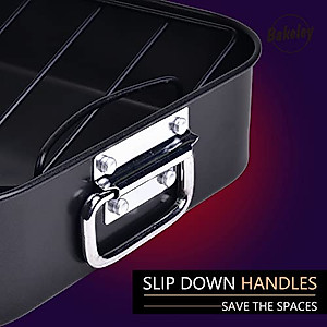 Bakeley Roasting Pan, Nonstick Roaster Pan with Rack, Turkey Roasting Pan with V Rack, 17 Inch x 13 Inch, Black