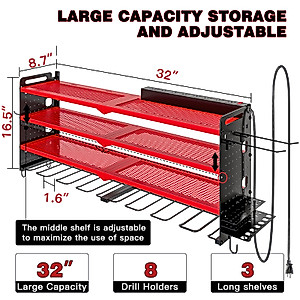 NattyDot Power Tool Organizer Wall Mount with Charging Station,Cordless Tool Organizer 8 Drill Holder, 4 Layer Storage Rack for Garage Organization,Tool Holder with 8 Outlet Power Strip (Red)