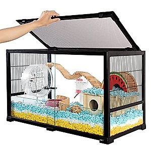 OIIBO Large Glass Hamster Cage, 40 Gallon Deluxe Big Hamster Cage 32" L x 16" W x 18" H Chew-Proof Small Animals Habitat with Front Sliding Door, Full View Hamster Cage
