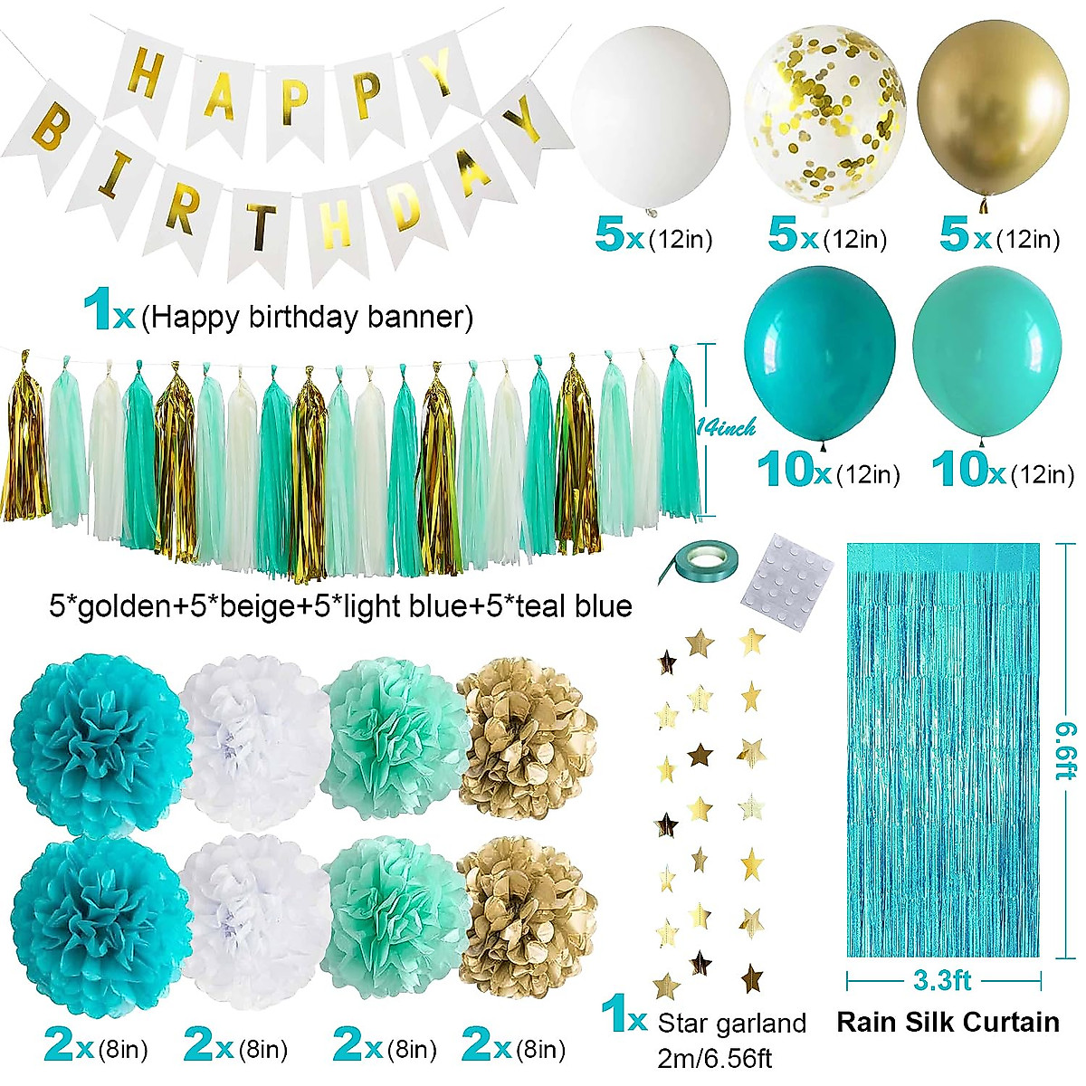 Teal Blue and Gold Birthday Party Decorations with Happy Birthday Banner,Foil Fringe Curtain,Tissue PomPoms,Star String Garland for Women Girls Party Decorations