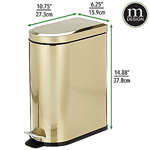 mDesign Small 2.6 Gallon Stainless Steel Metal Step Trash Can Garbage Bin for Bathroom, Bedroom, Home Office - D-Shape Trashcan with Foot Pedal/Lid, Removable Liner Bucket with Handles, Soft Brass