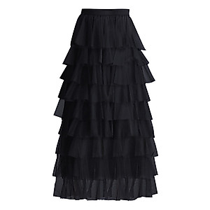 BDQING Women's Elastic Waist Tiered Layered Mesh Ballet Prom Party Tulle Tutu A-line Long Skirt (Black, L)