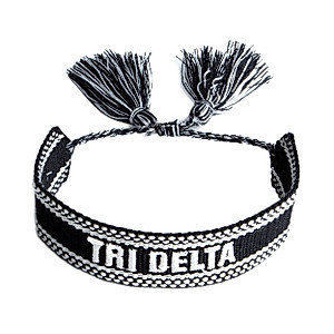 Sorority Shop Delta Delta Delta Bracelet — Woven Bracelet, Black and White Design with Tri Delta Sorority Name and Tassels, Greek Sorority Jewelry and Big Little Sorority Gifts