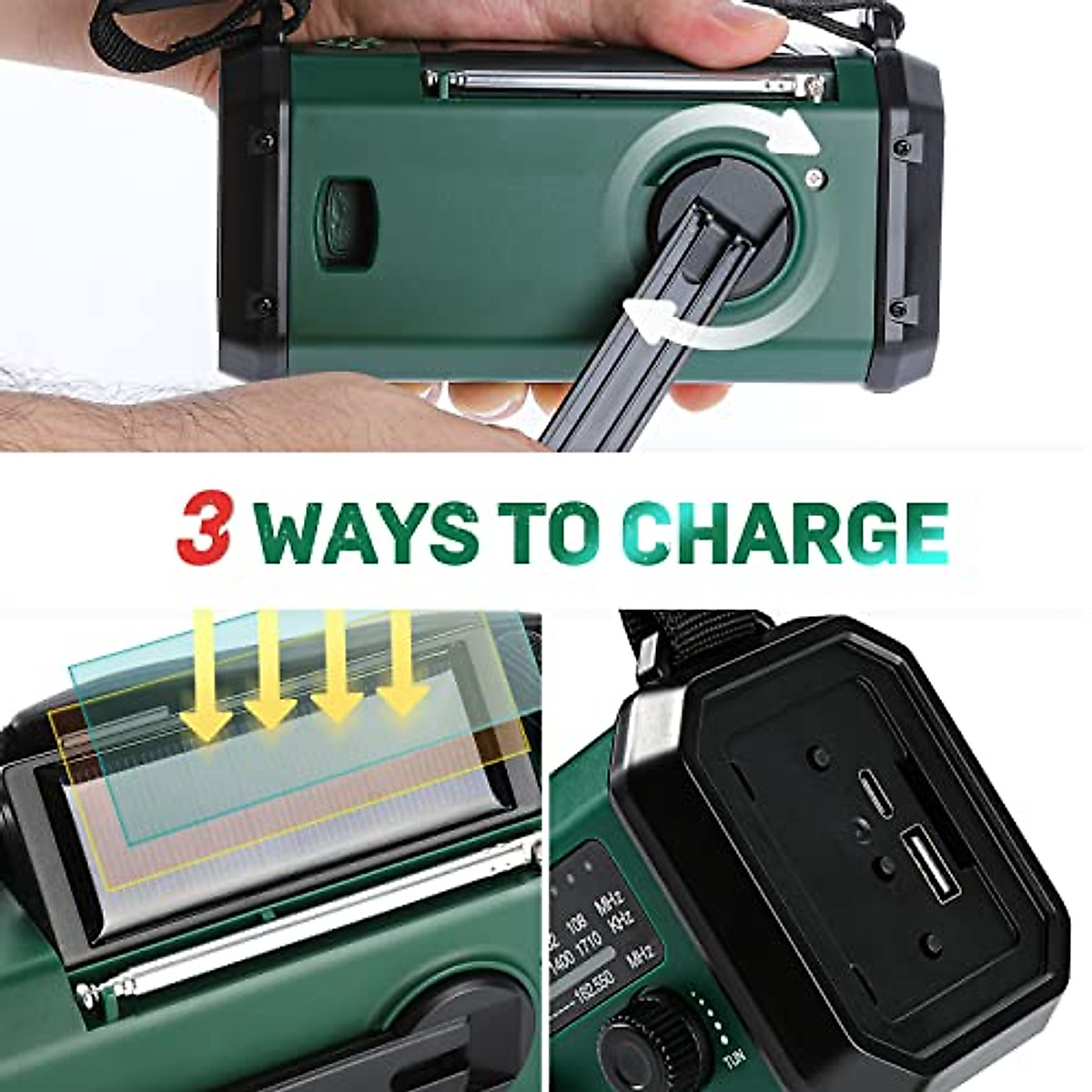 Emergency Hand Crank Weather Radio with 10000mAh Battery Backup, AM FM NOAA Weather Radio, Type-C Charge,Solar Charging,SOS, 3 Modes LED Torch，Reading Lamp, Compass for Outdoor Survival