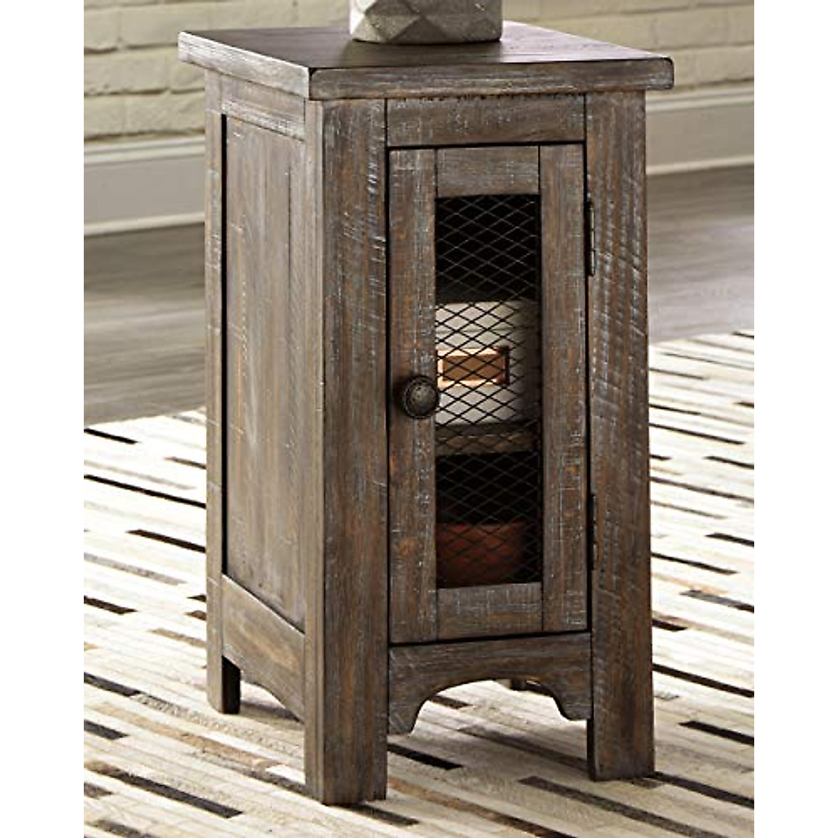 Signature Design by Ashley Danell Ridge Rustic Chair Side End Table with Double Cabinet Doors and 1 Storage Shelf, Brown