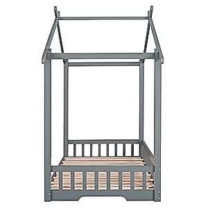 AOCOROE House Bed Frame Twin/King Bed Frame for Boys and Girls, Wood Extending Twin to King Extendable Playhouse-Design Montessori Floor Bed Platform Bed Frame with Trundle