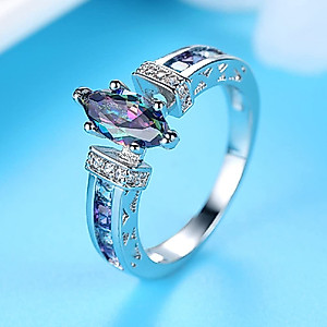 DCFSHEE Fashion Marquise Shape Cut Created Mystic Rainbow Topaz 925 Sterling Silver Plated Promise Ring Jewelry Gifts for Her (US size 10)