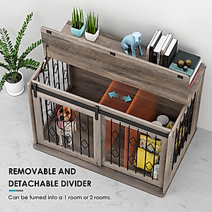 Clevich Large Dog Crate Furniture w/Sliding Barn Door, Wooden Indoor Dog Kennel w/Flip-top, 39.4'' Heavy Duty Modern Puppy Dog Cage End Table w/Detachable Divider for Small/Medium Pets (Oak Grey)