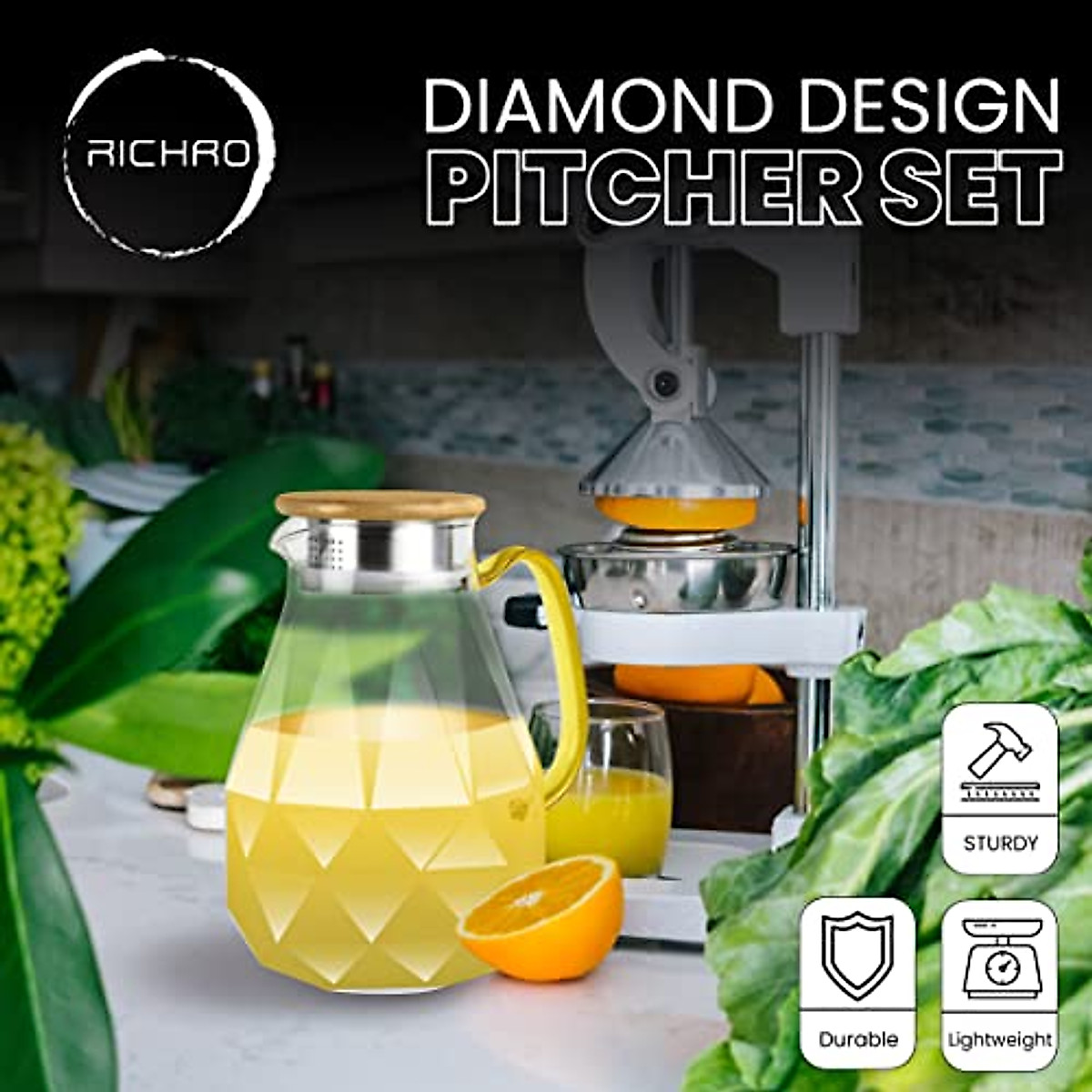 Richro Glass Pitcher With Lid and Spout Set of 6 - Heat Resistant Glass Pitcher With Stainless Steel Lid 60 oz Good For Coffee Juice Beverage Pitcher For Juice and Iced Tea Pitcher Water Carafe