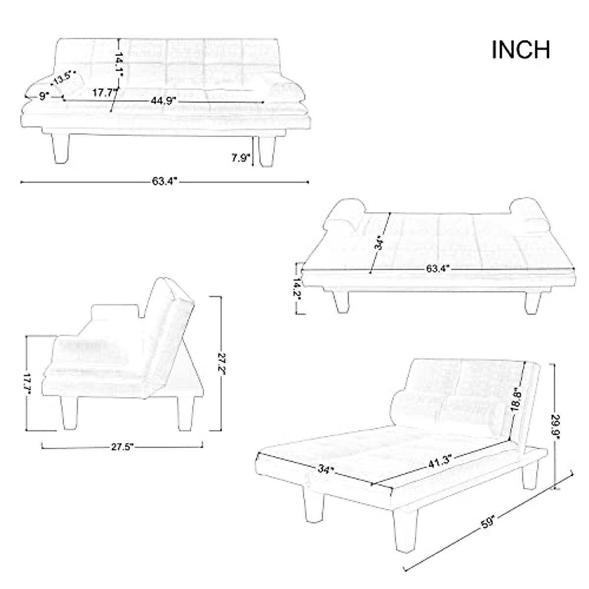 5-Angle Adjustable Futon Sofa Bed Convertible Sofa Recliner Sofa with 2 Armrest Pillows, Sleeper Sofa Modern Polyester Fabric Loveseat Sofa Folding Couch for Small Space (Blue)