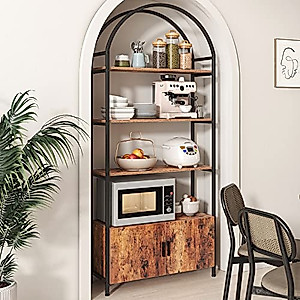 Jehiatek Arched Bookshelf, Bookcase with Doors Storage, 71 Inches Tall Industrial Book Shelf with Sturdy Metal Frame, E1 Quality Boards, Freestanding Display Shelving Unit, Black and Rustic