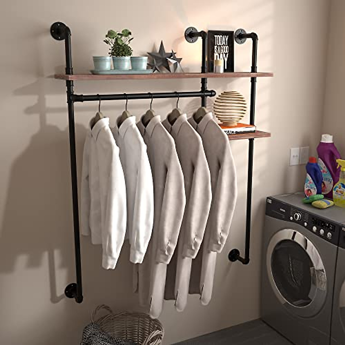TEDIDUWA 45In Industrial Pipe Clothing Rack,Wall Mounted Clothes Rack with Top Shelves, Pipe Clothing Rack with Shelf, Wall Hangers for Clothes, for Bedroom, Laundry, Living Room, Retail Store