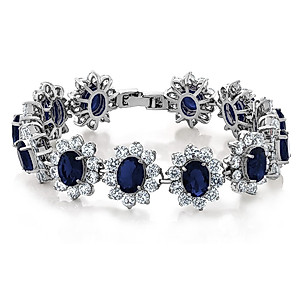 Gem Stone King 27.00 Cttw Royal Blue Simulated Sapphire and White CZ Tennis Bracelet For Women | 8X6MM Oval and 3MM Round | 7 Inch with Security Clasp