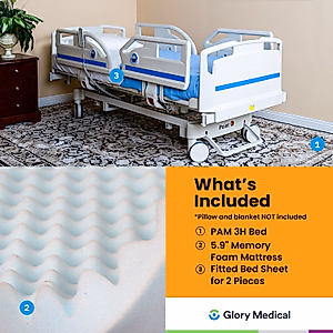 Point A (PAM-3H) Premium 3-Function Full Electric Hospital Bed for Home Use, 5.9" Memory Mattress Made in USA, LINAK Motor, Central Locking, 6" Casters, Includes (2X) Bed Sheet
