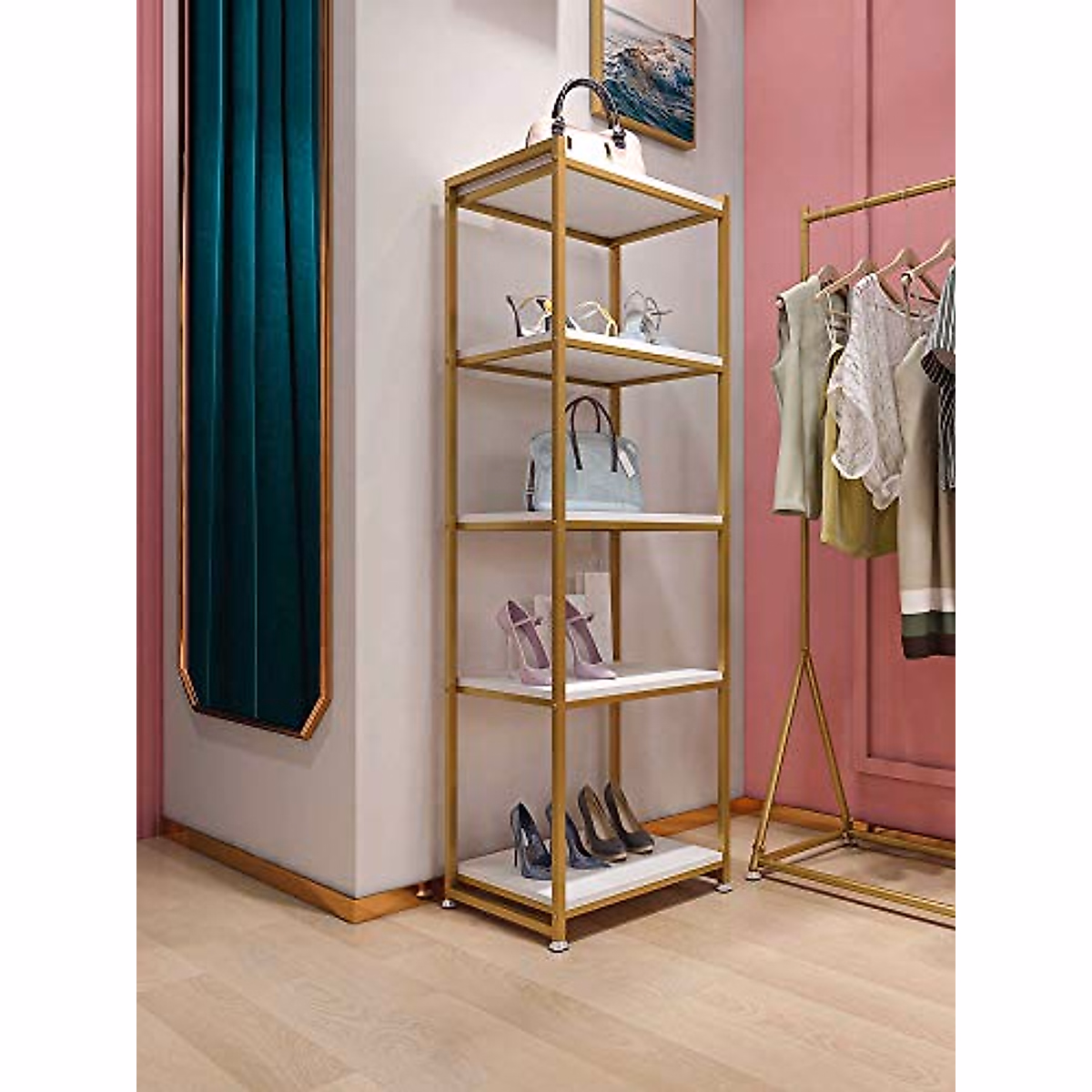 FONECHIN TDD Metal Display Rack 5-Layer Shoe Bag Rack Shelf,Floor-Standing Clothing Rack for Plant Jewelry Hat, Home Kitchen Bedroom Storage Rack