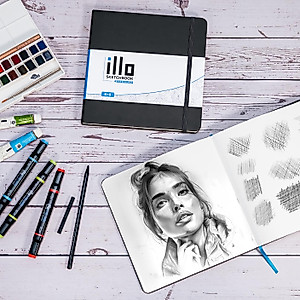 illo Sketchbook 8’’ x 8’’ Square Hardcover High-Quality Sketch Book, (112lb/180gsm) Heavyweight Paper, Ribbon Marker, Back Pocket, Lays Flat, Minimal Bleed, Vegan, for Artists & Beginners