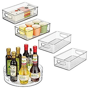 mDesign Plastic Kitchen Storage Bins with Handles and Lazy Susan Turntable Plastic Open Vented Spinner Combo Set for Kitchen, Pantry, Fridge/Freezer, Shelves, or Counter Organizing, Set of 5 - Clear