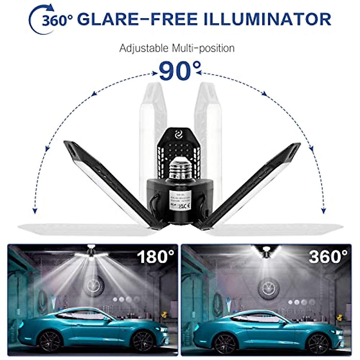 Garage Light - 2 Pack - 8000LM Glare-Free 360° Illuminator 60W 6500K Deformable Garage E26/E27 LED Light for Basements, Barn, Farmhouse and Attics