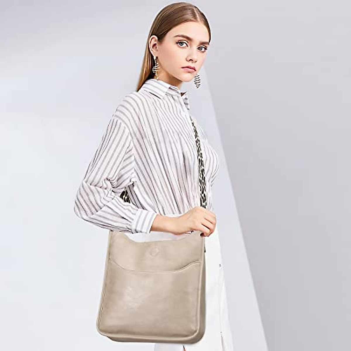 Vegan Leather Crossbody Bags for Women Hobo Handbags with Guitar Leopard Strap Shoulder Purse (Apricot)