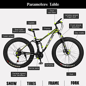 Fat Tire Mountain Bike, 26'' 21 Speed Outdoor Snow Beach Hybrid MTB Racing Bikes for Adult Women Men, Comfort Complete Cruiser Bicycle, Lightweight City Commuter Road Cycling, Dual Disc Brakes (N)