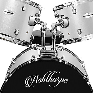Ashthorpe 5-Piece Full Size Adult Drum Set with Remo Heads & Premium Brass Cymbals - Complete Professional Percussion Kit with Chrome Hardware - Silver