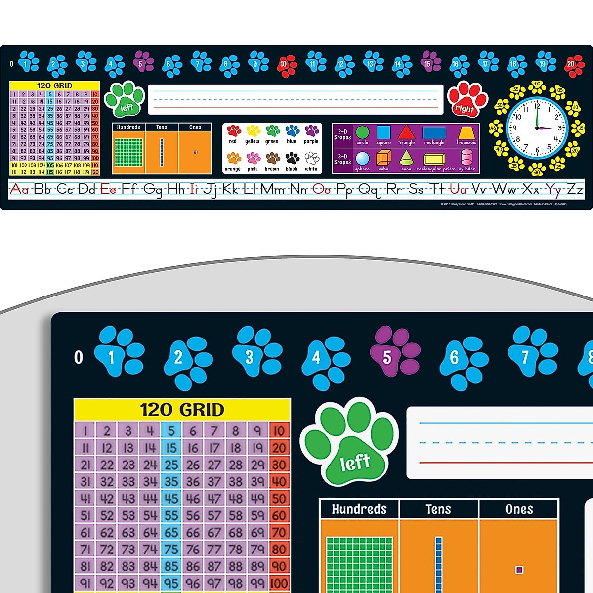 Really Good Stuff 24PK Paw Prints Self-Adhesive Deluxe Plastic Desktop Reference Nameplate with Letters, Numbers, Colors, 2-D and 3-D Shapes, 120 Grid, Left and Right, Base 10 and Time