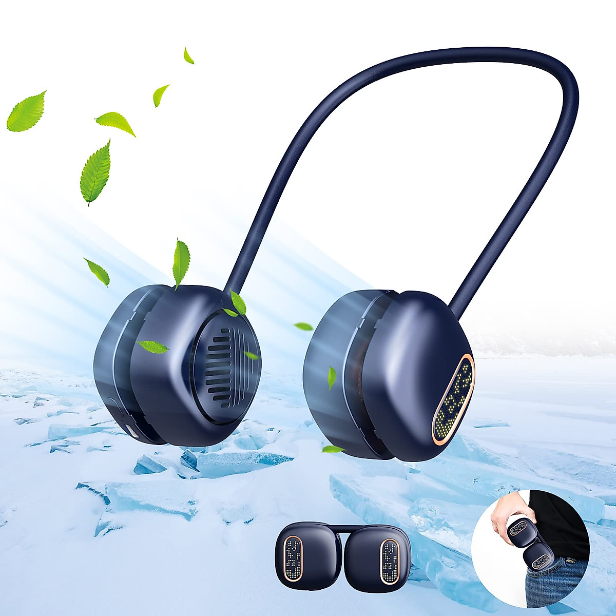 Apatner Portable Neck Fan,Foldable Bladeless Neck Cooler,Wearable Personal Fans with LED Lights,Hand Free Mini Cooling Fan, 2000mAh USB Rechargeable for Outdoor Travel Women(Blue)