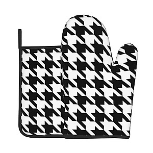 Houndstooth Black Print Oven Mitts and Pot Holders Sets,Non-Slip Heat Resistant Oven Mitts for Home Cooking, Baking,BBQ,Grilling,Holders for Kitchen