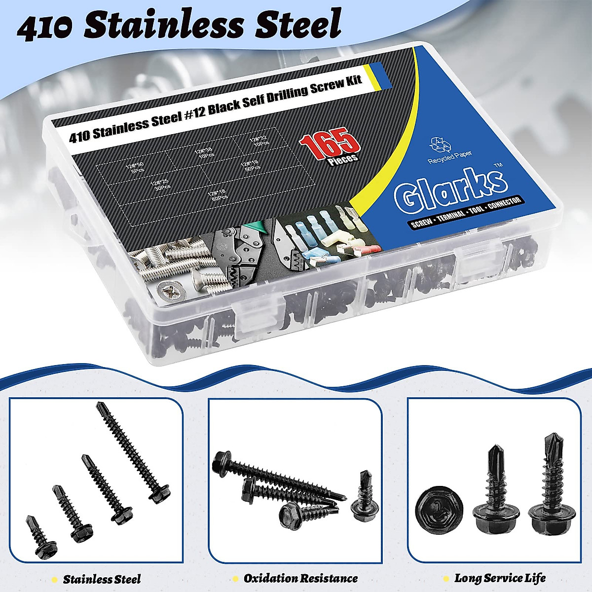 Glarks 165Pcs 410 Stainless Steel #12 Hex Washer Head Self Drilling Screws Assortment Kit 6 Size Black #12x5/8, #12x3/4, #12x1, #12x1-1/4, #12x1-1/2, #12x2 Sheet Metal Screws with Drill Point