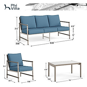 PHI VILLA 4 Piece Patio Furniture Set, 2 x Armchair, 1 x 3-Seat Sofa, 1 x Coffee Table, All Cushioned 5 Seats Outdoor Conversation Set for Lawn Garden Backyard