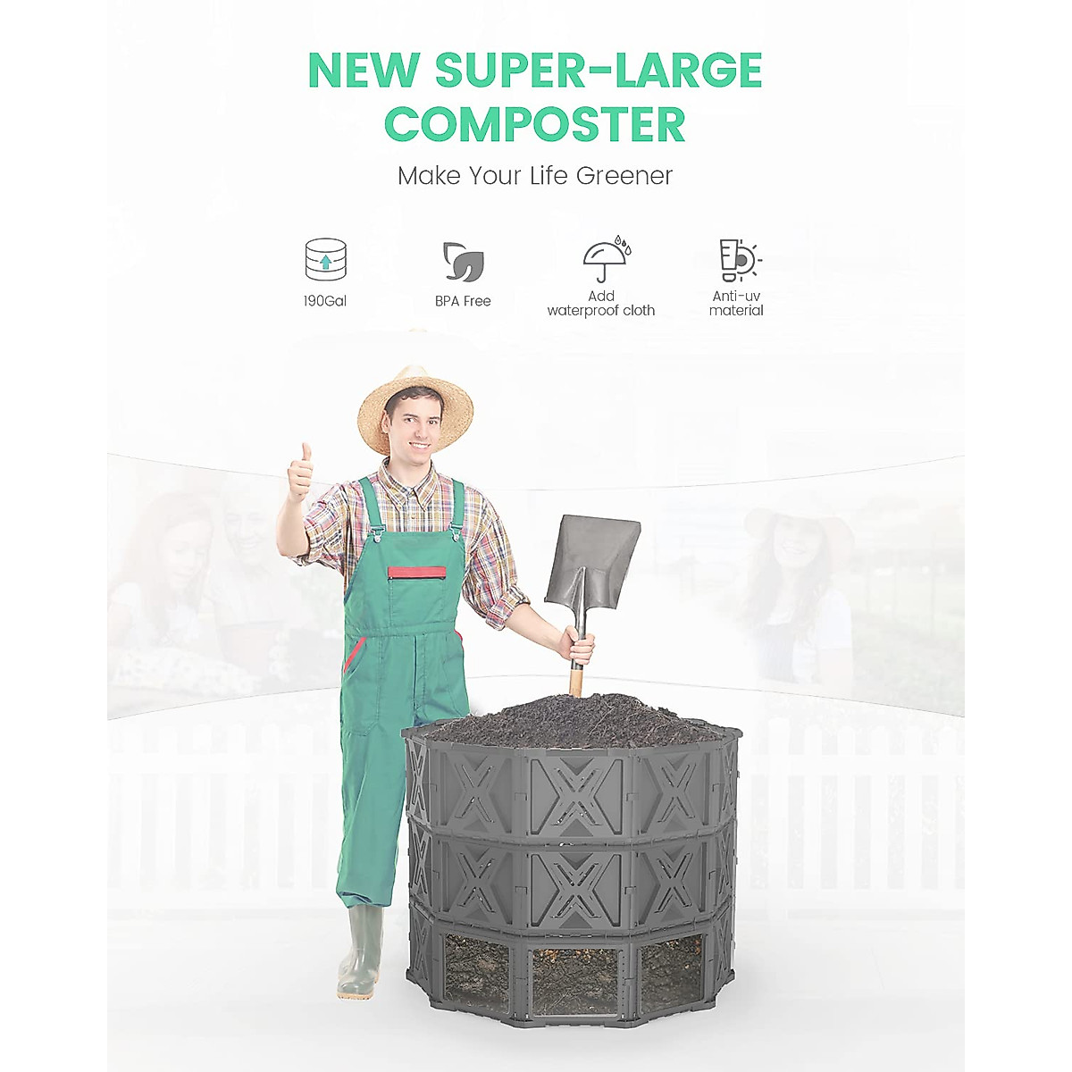 Large Compost Bin - 143 Gallon (540 L) Garden Composter with Better Aeration System, Easy Assembling/BPA Free/Sturdy/Outdoor Compost Tumbler