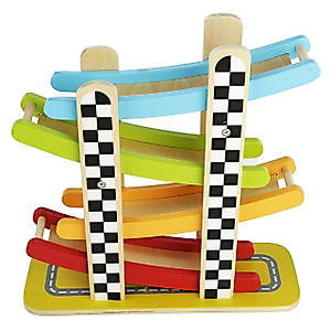 Colorful Wood Race Track Ramp with 4 Wooden Race Cars - Solid Wood Educational Baby Toy for Toddler Boys and Girls Age 18-24 Months, 2 Years and Up - Classic Early Development Vehicle Playset Toy