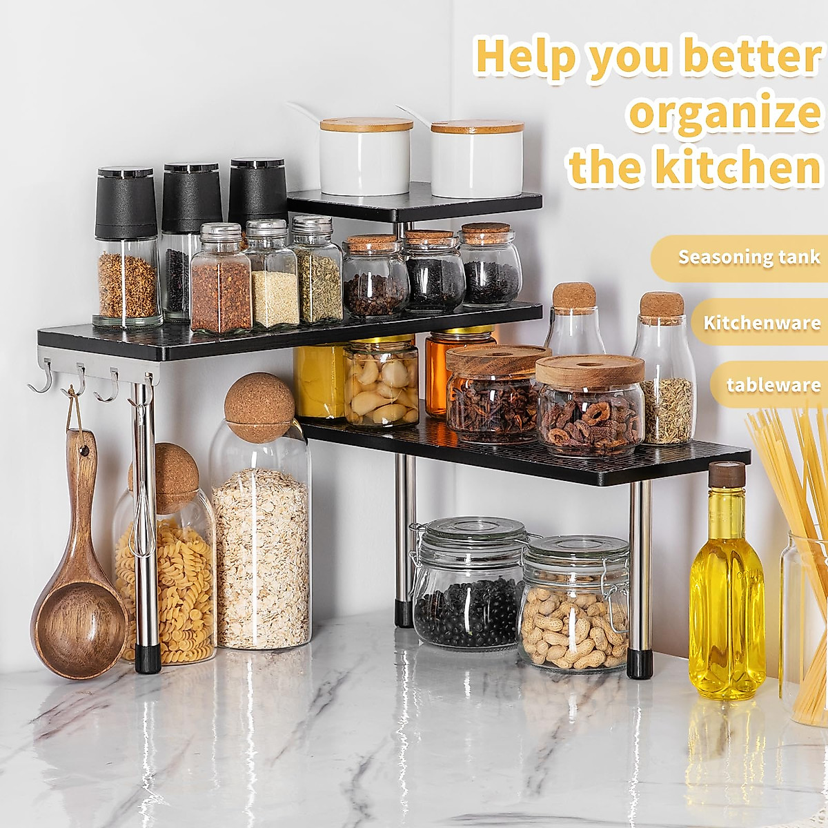 HYNAWIN Countertop Shelf,Bamboo Corner Shelf Over The Table with Printed Pattern,Desktop Storage and Organization