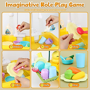 SINOMARS Play Sink with Running Water, Toddler Sink Toy with Automatic Water Cycle System,Fishing Game,Dish Rack and Play Food, Pretend Play Kitchen Sink Toy Dishwasher for Boys Girls toddlers 1-3