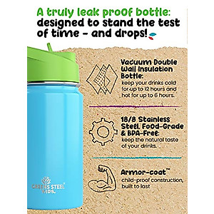 Kids Water Bottle - 12oz Blue | Leak Proof With Straw & Handle | 24 Hours Cold | Insulated, Double Wall Stainless Steel | Easy Sip Toddler Cup | Child's Flask | Eco Friendly