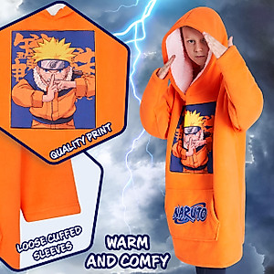 Naruto Fleece Hoodie Blanket for Boys and Teenagers - One Size Kids Oversized Hoodie with Sherpa Lining Gifts for Boys Orange