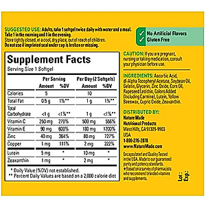 Nature Made Vision with AREDS 2 Formula, Eye Vitamins with Lutein & Zeaxanthin, Vitamin C/ E, Zinc, and Copper, Helps Support Healthy Vision and Eye Function, 60 Softgels