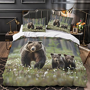 Brown Bear And Two Cubs Comforter Covers 3D Printed Walking in The Taiga Duvet Cover Quilt Cover for Boys Girls with Zipper Closure Soft Microfiber Bedding Set with Pillow Cases 3 Pieces Twin（173x218c